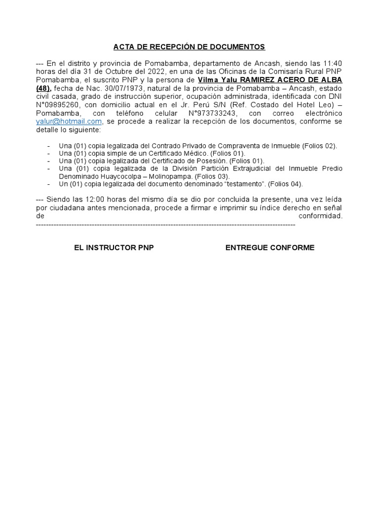 Acta de Recepción de Documentos. | PDF