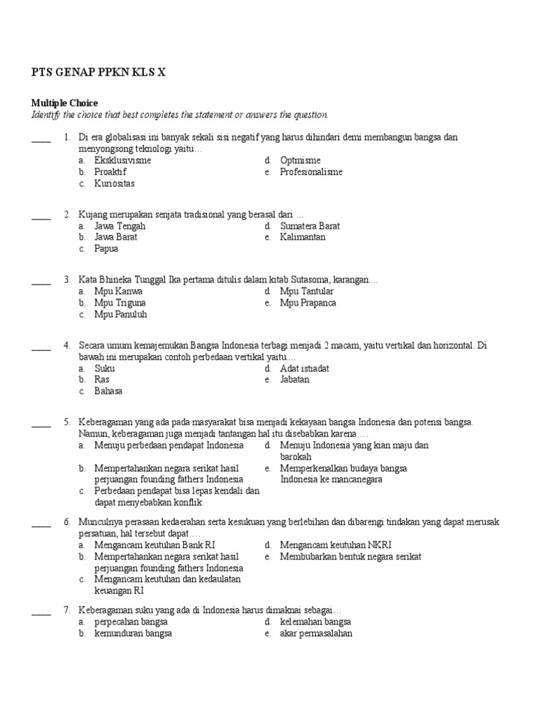 Soal Pts Genap Kls X - Bhinneka Tunggal Ika | PDF