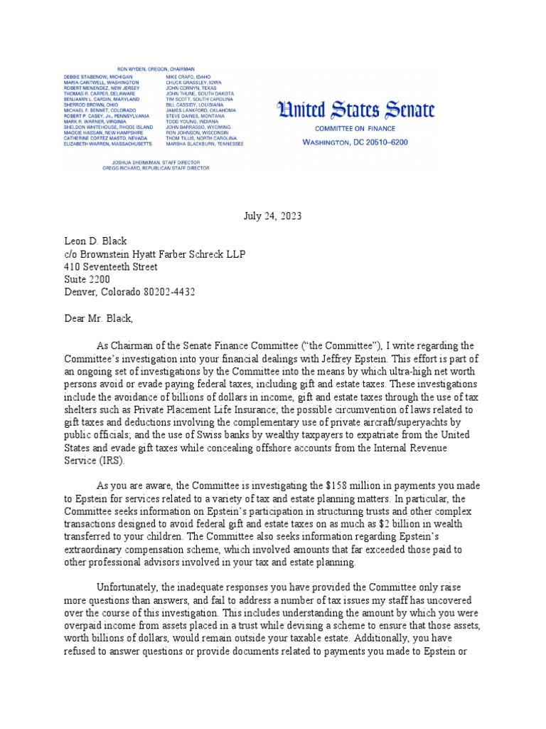 Letter From Senator Ron Wyden To Leon Black | PDF