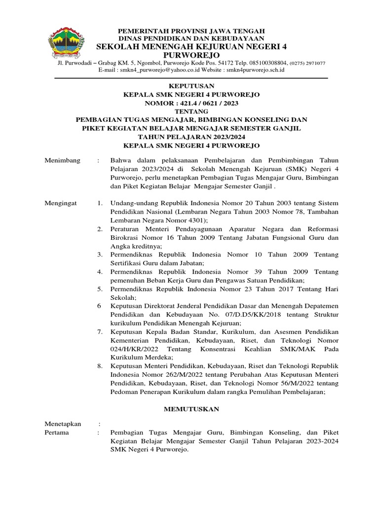 SK Pembagian Tugas Mengajar Semester Ganjil 2023-2024 | PDF