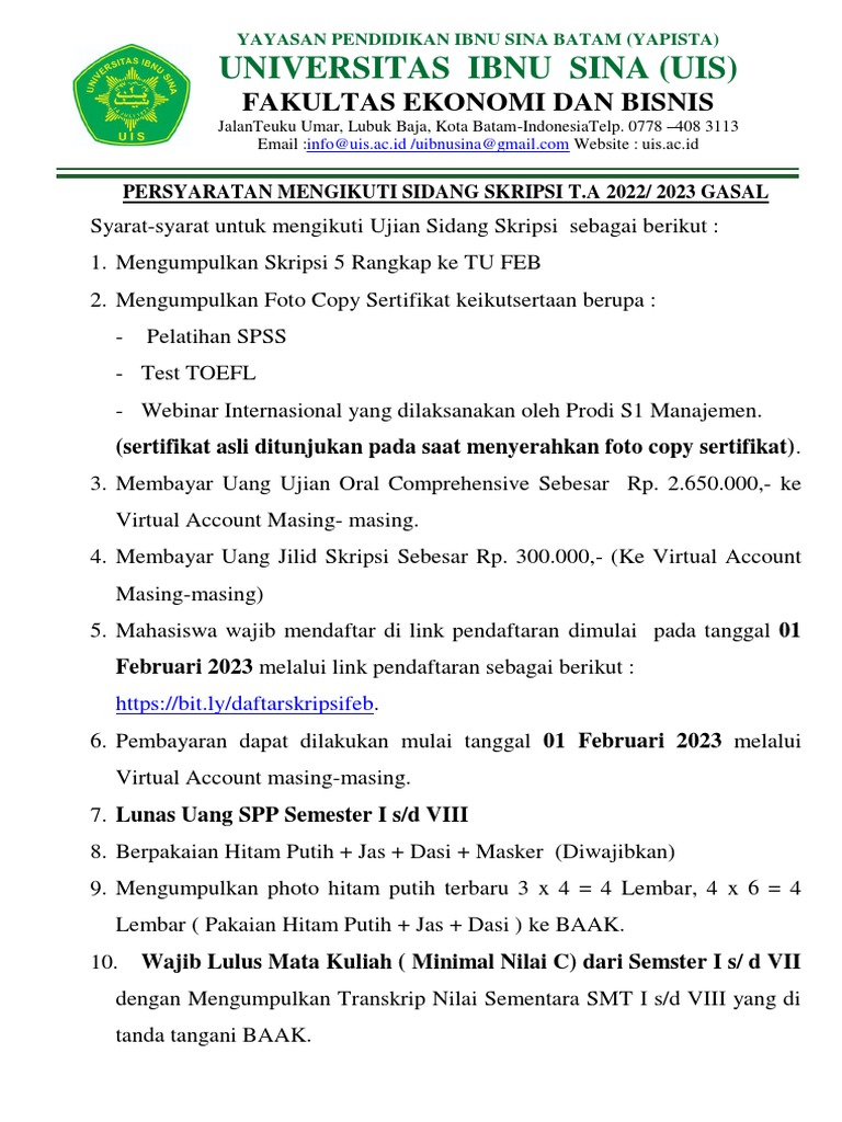 PERSYARATAN SIDANG SKRIPSI - MAHSISWmA SEMESTER AKHIR T.A 2022.2023. GASAL. MANAJEMEN FEB UIS. | PDF