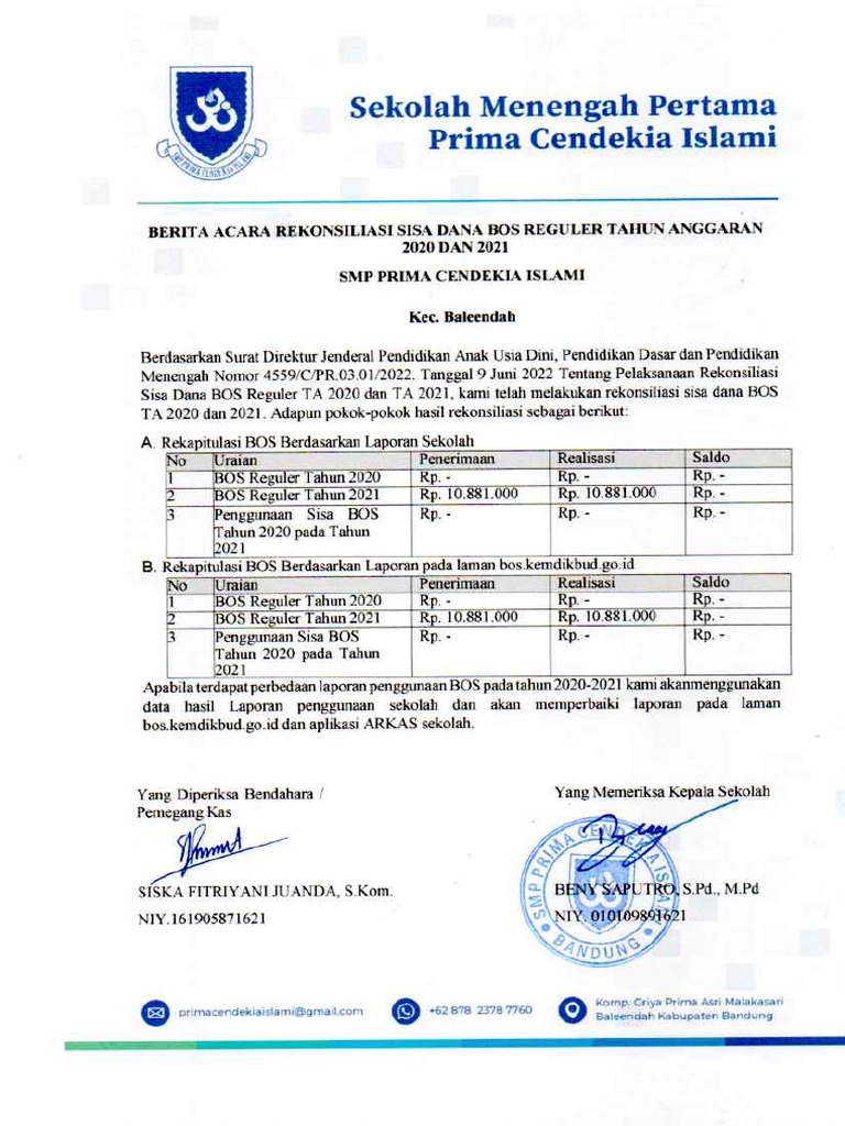 SMP Prima Cendekia Islami (Bos - 2020 2021) | PDF