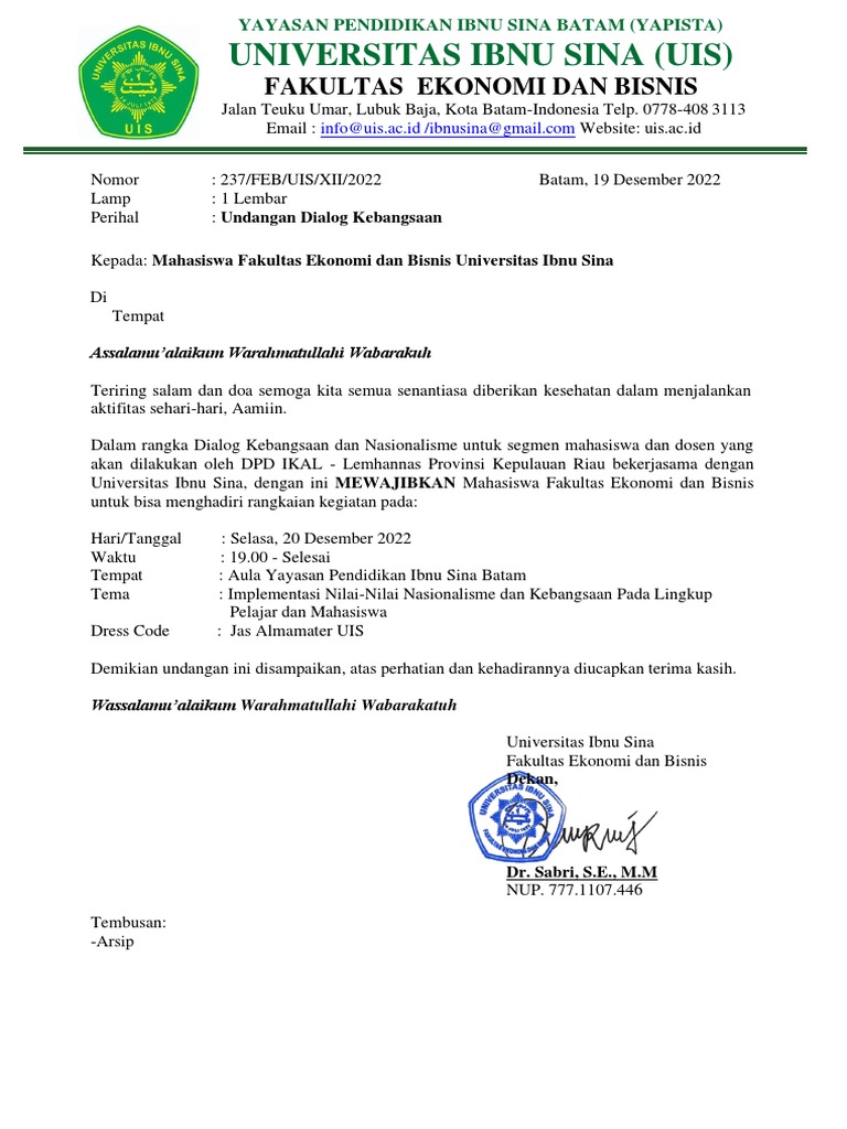 Undangan Dialog Kebangsaan Mahasiswa FEB UIS | PDF