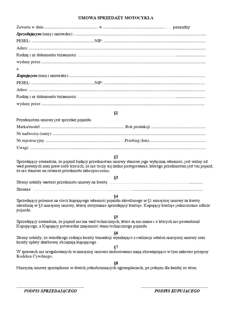 Umowa Kupna Sprzedazy Motocykla | PDF Umowa Kupna Sprzedazy Motocykla | PDF