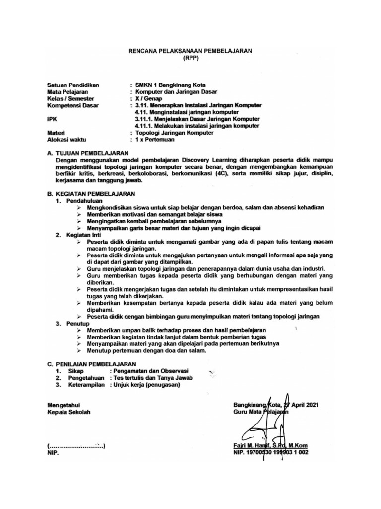 RPP Topologi Jaringan Kelas X TKJ | PDF