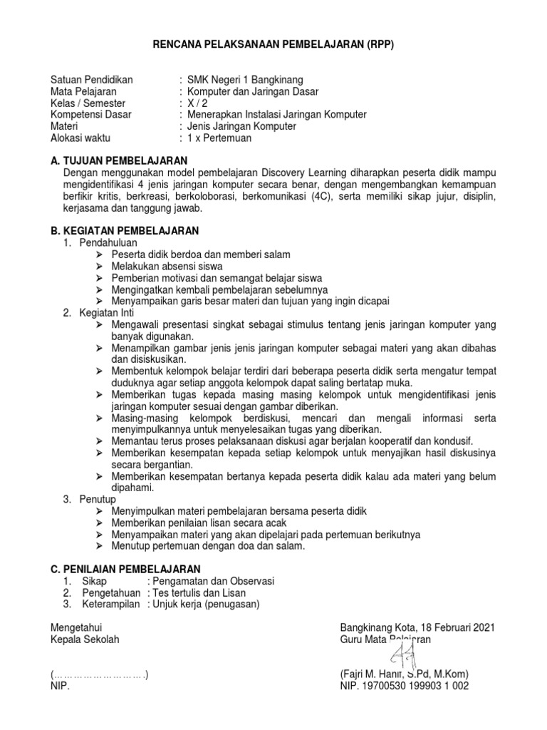 RPP Jenis Jaringan Komputer | PDF