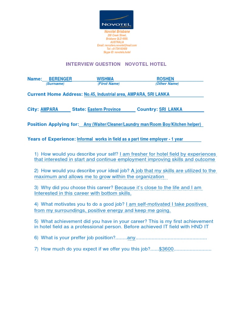 INTERVIEW QUESTION NOVOTEL HOTEL Answers | PDF | Psychological Concepts ...