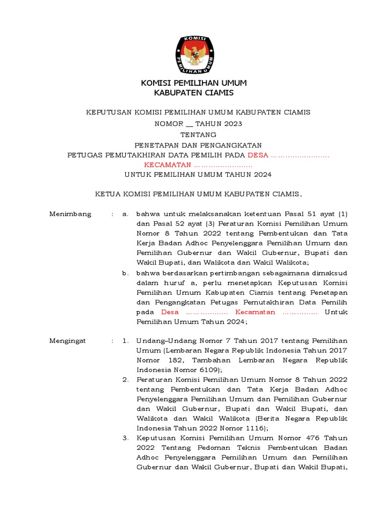 TEMPLATE SK PENETAPAN DAN PENGANGKATAN PANTARLIH Pasca PEMETAAN TPS | PDF