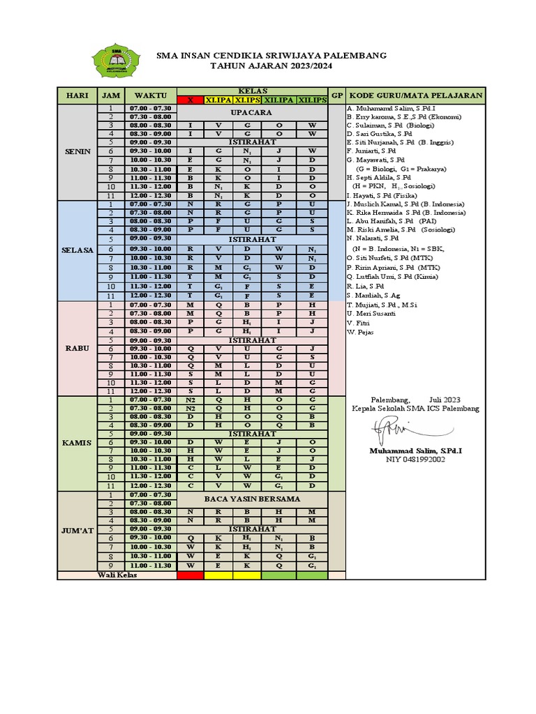 Jadwal Mapel (2023-2024) Excel | PDF