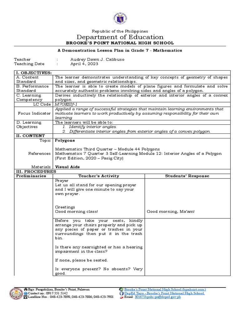 Lesson Plan About Interior Angles | PDF | Learning | Geometry