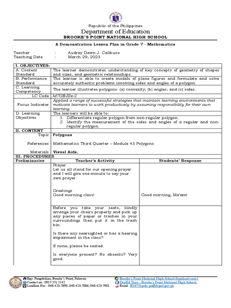 Grade 7 Lesson Plan: Polygons | PDF
