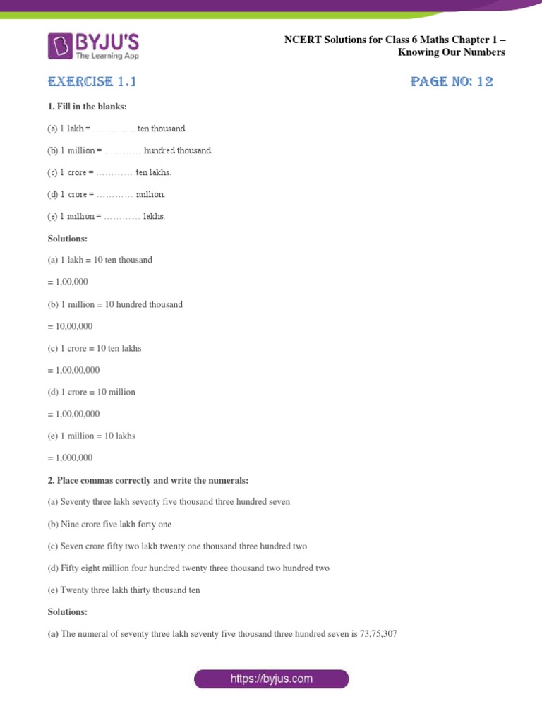 Class 6 Maths: Knowing Our Numbers Solutions | PDF | Teaching Methods ...