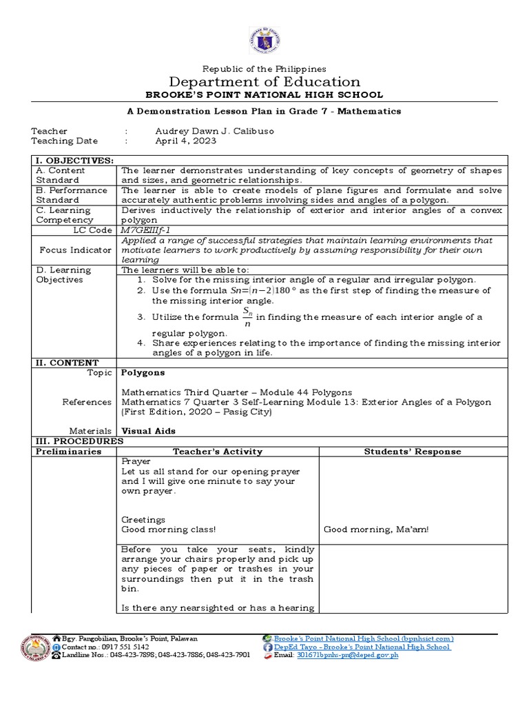 Lesson Plan Missing Interior Angles of A Regular Polygon | PDF ...