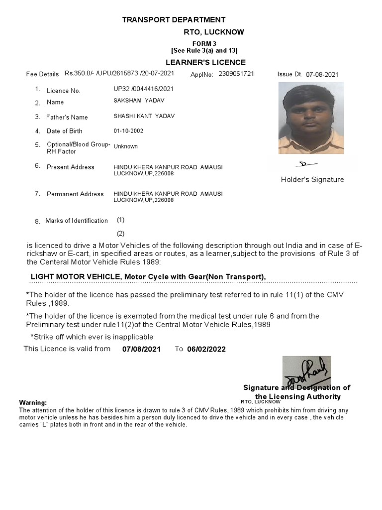 Rto, Lucknow Transport Department: Form 3 (See Rule 3 (A) and 13) | PDF ...