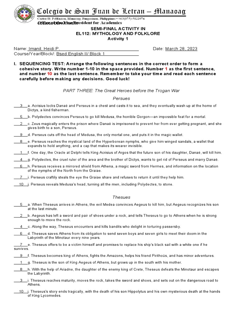 Mythology SEMI FINAL EL112 ACTIVITY 1 | PDF | Theseus | Greek Mythology