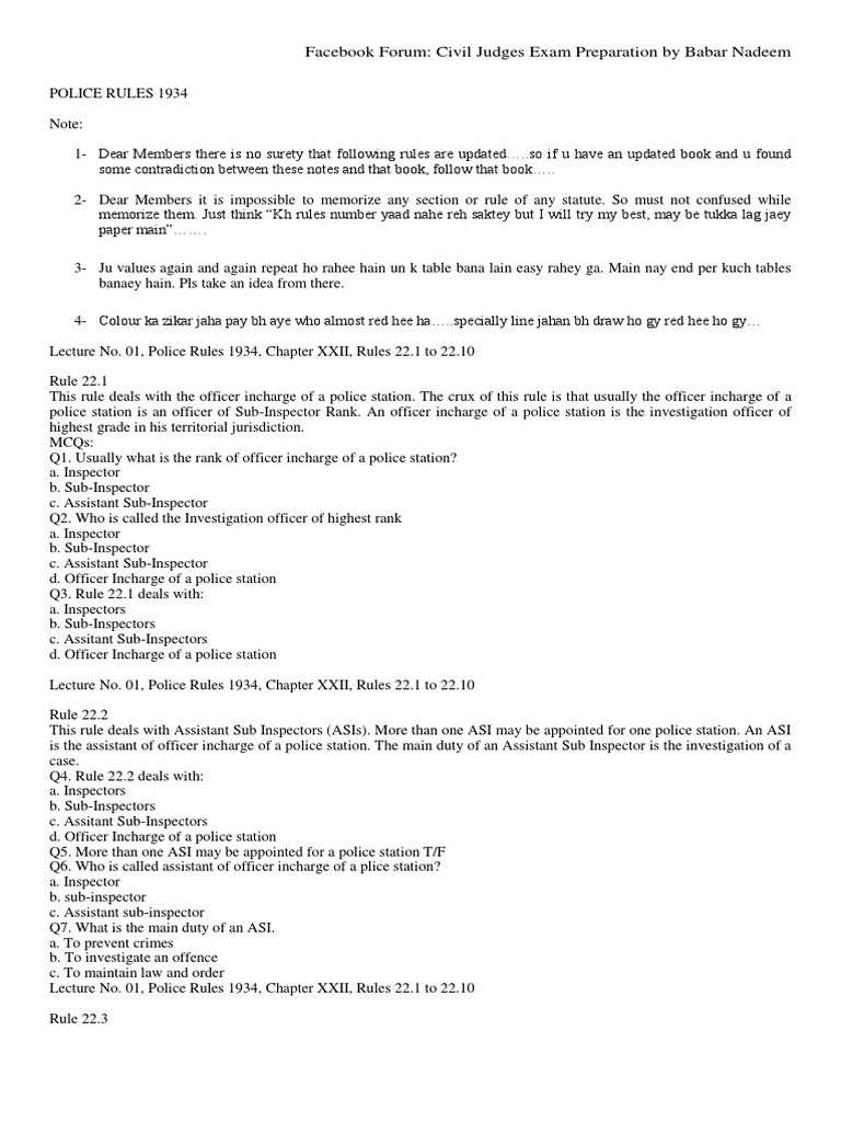 POLICE RULES 1934 (MCQS) | PDF