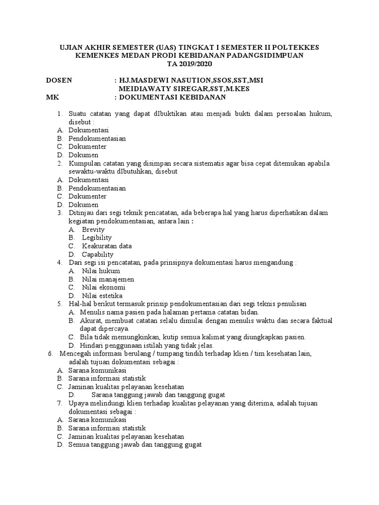 SOAL UAS DOKUMENTASI KEBIDANAN 2020 | PDF