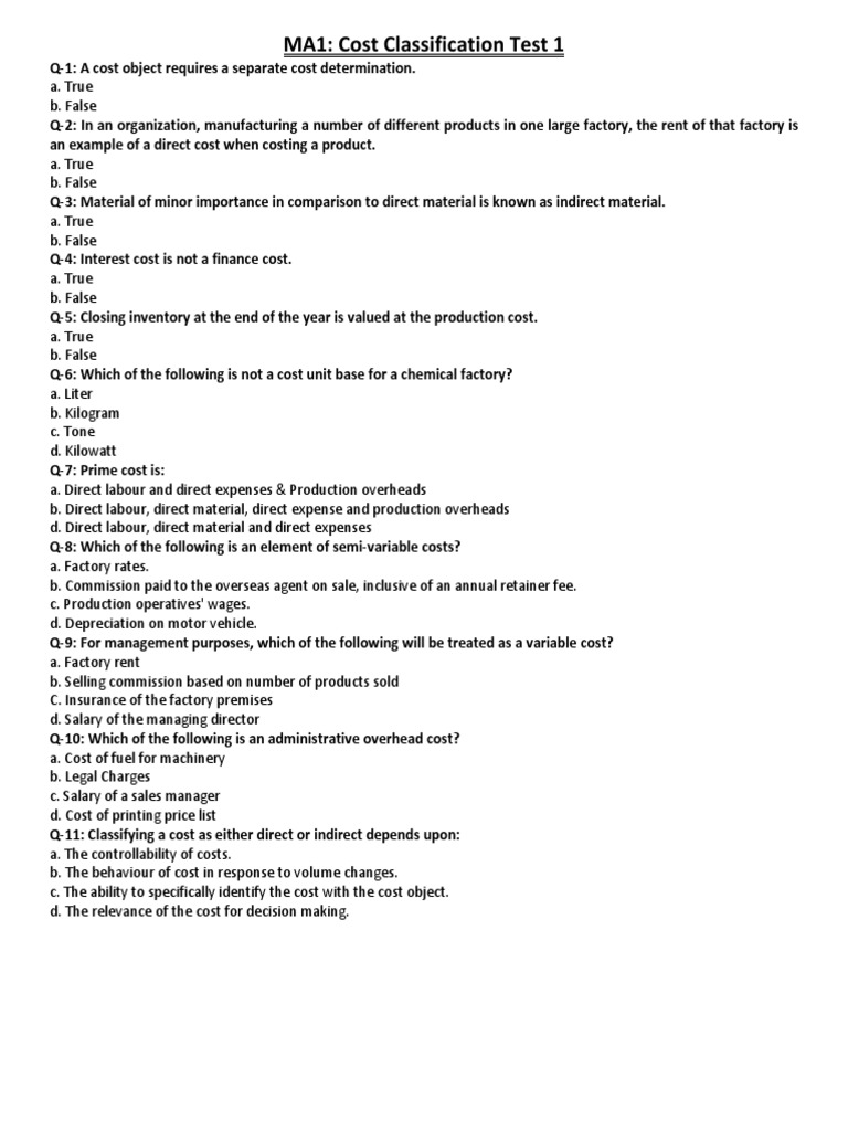 Cost Classification Test Questions | PDF