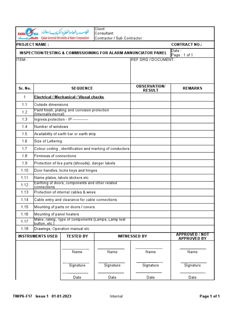 (TW-P6-F17) - Testing Comm. of Alarm Annunciator Panel | PDF