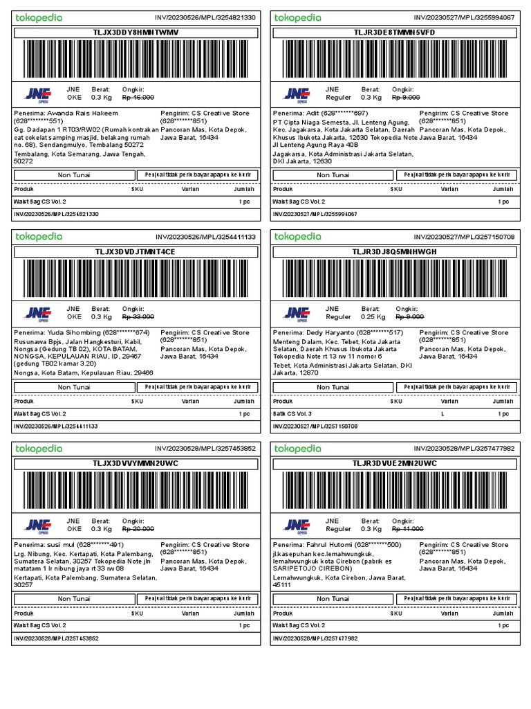 Pengaturan Label Pengiriman - Tokopedia 10 Pesanan | PDF
