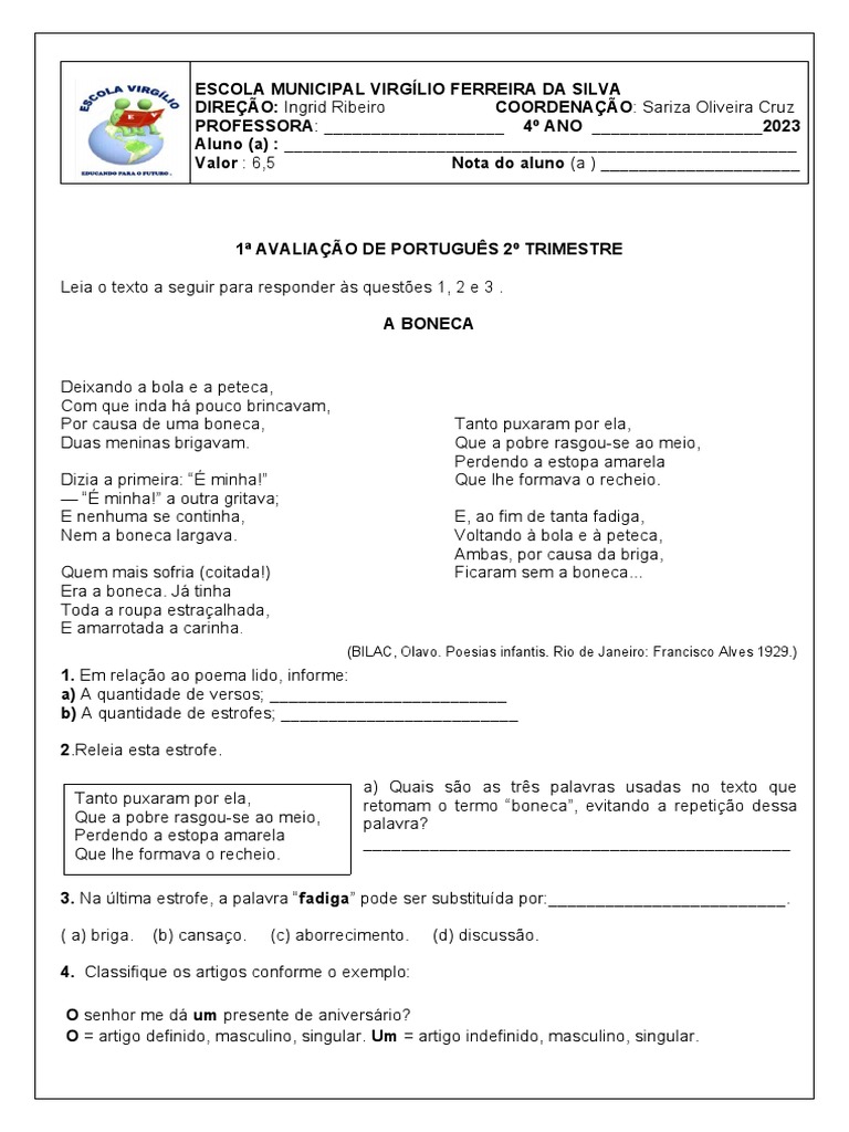 1 Avaliação de Português 2º Trimestre 2023 | PDF