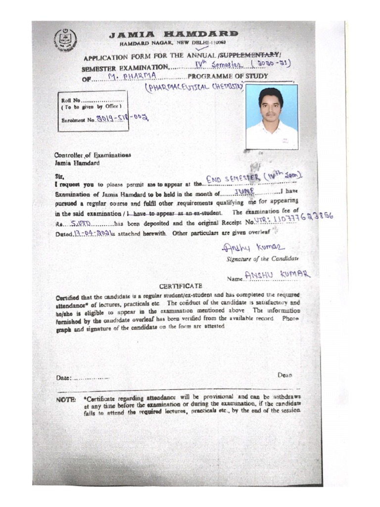 ANSHU KUMAR (PHAR. CHEMISTRY) Exam Form | PDF