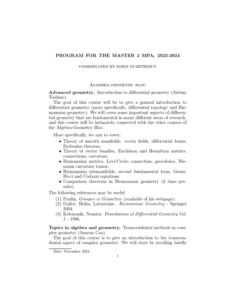 Master 2 MPA Program | PDF | Differential Geometry | Geometry