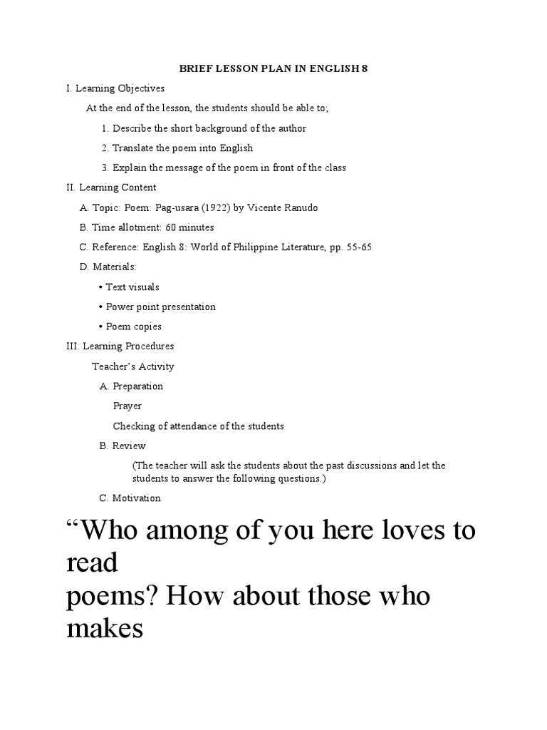 Brief Lesson Plan in English 8 | PDF | Poetry | Lesson Plan
