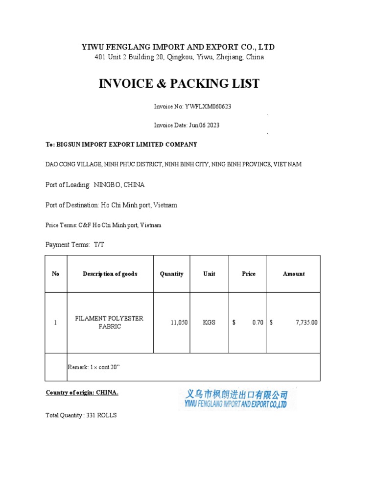 Invoice & Packing List | PDF