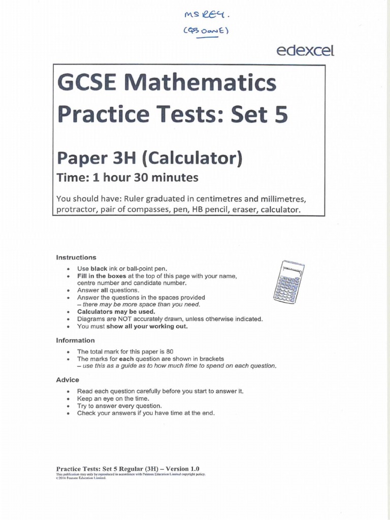 GCSE Mathematics Practice Tests: Set 5: Paper 3H (Calculator) | PDF