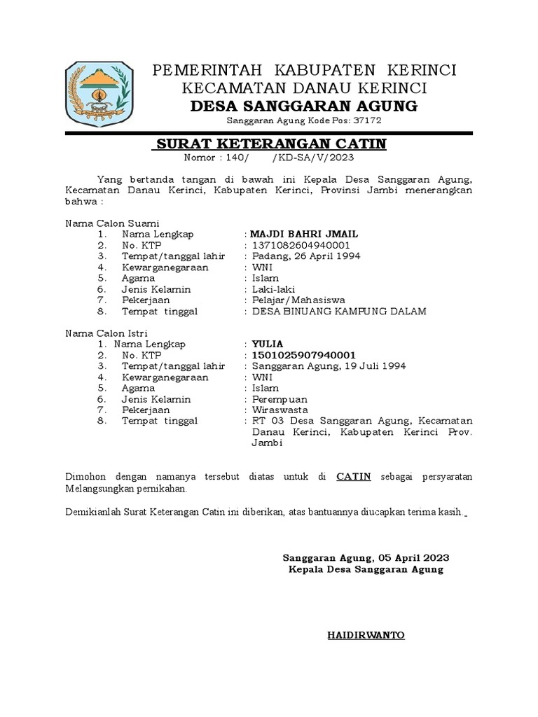 Surat Keterangan CATIN - YULIA | PDF