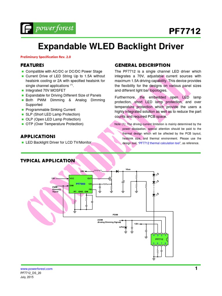 PF7712 Expandable WLED Backlight Driver Specification | PDF