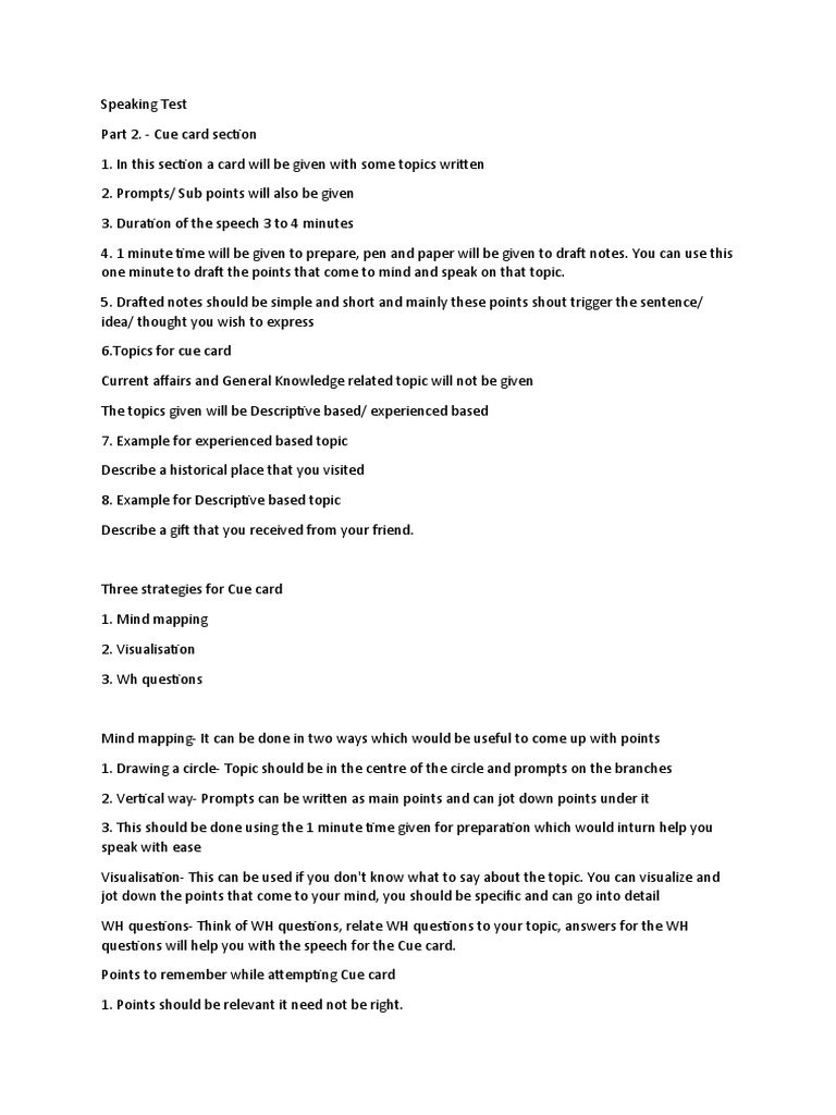 Cue Card Strategies for Speaking Tests | PDF