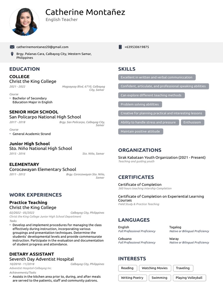 Catherine's Resume (ESLTeacher) | PDF