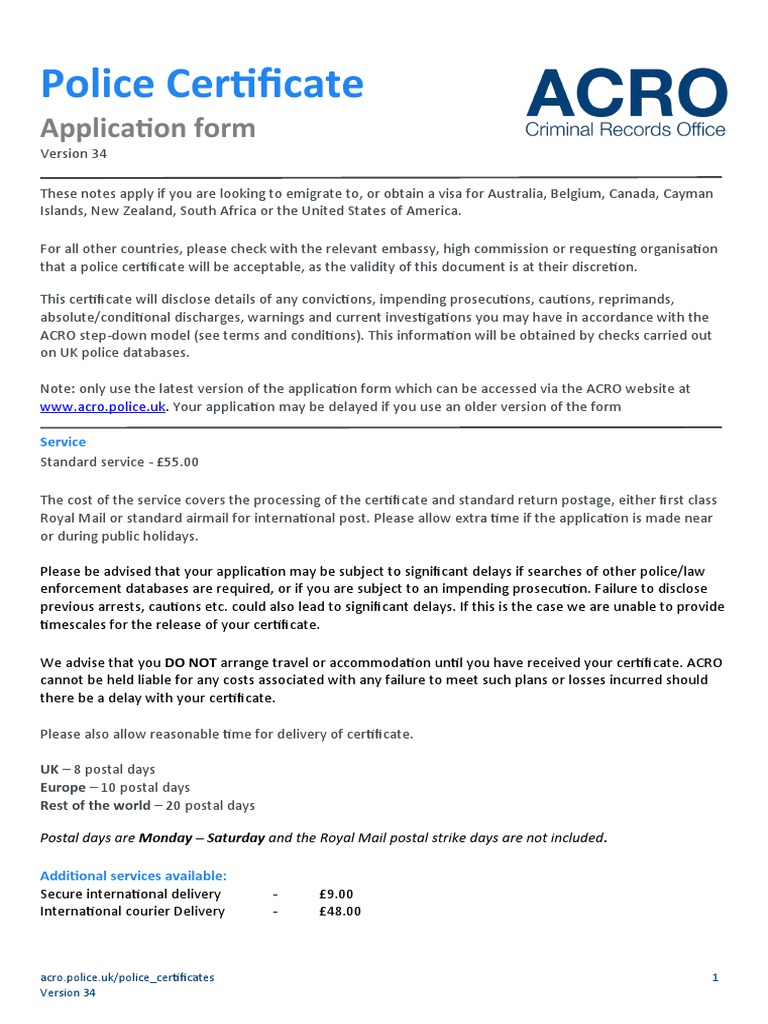Police Certificate Form v34 | PDF