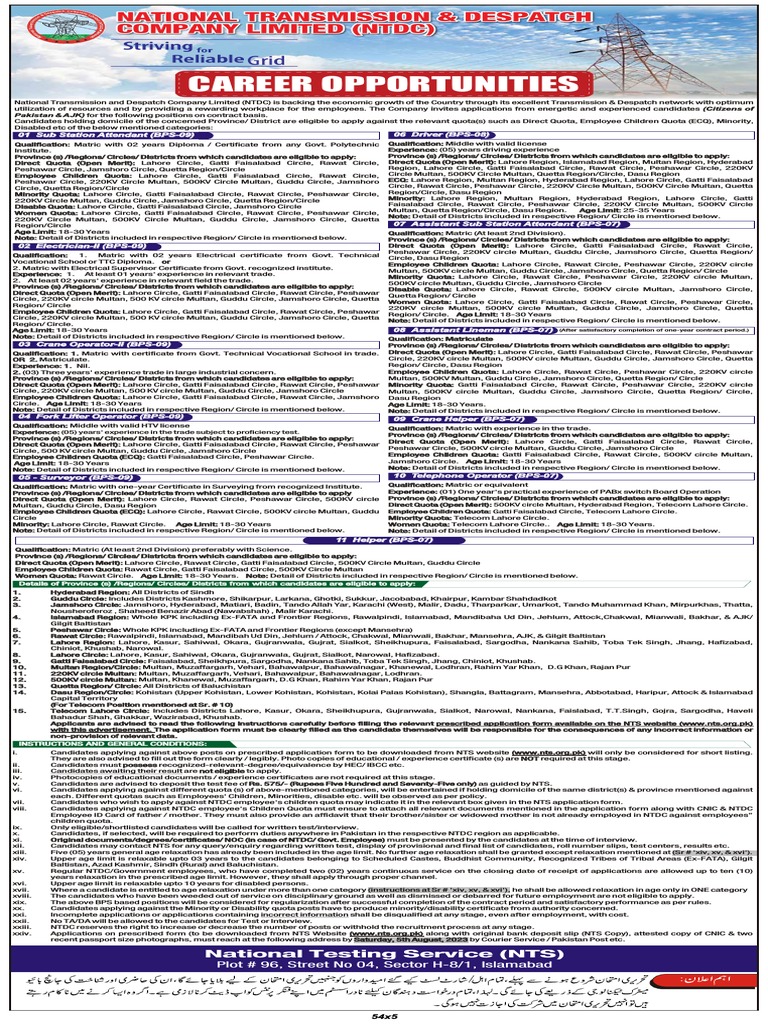 NTDC Job Opportunities 2023 | PDF | Educational Stages