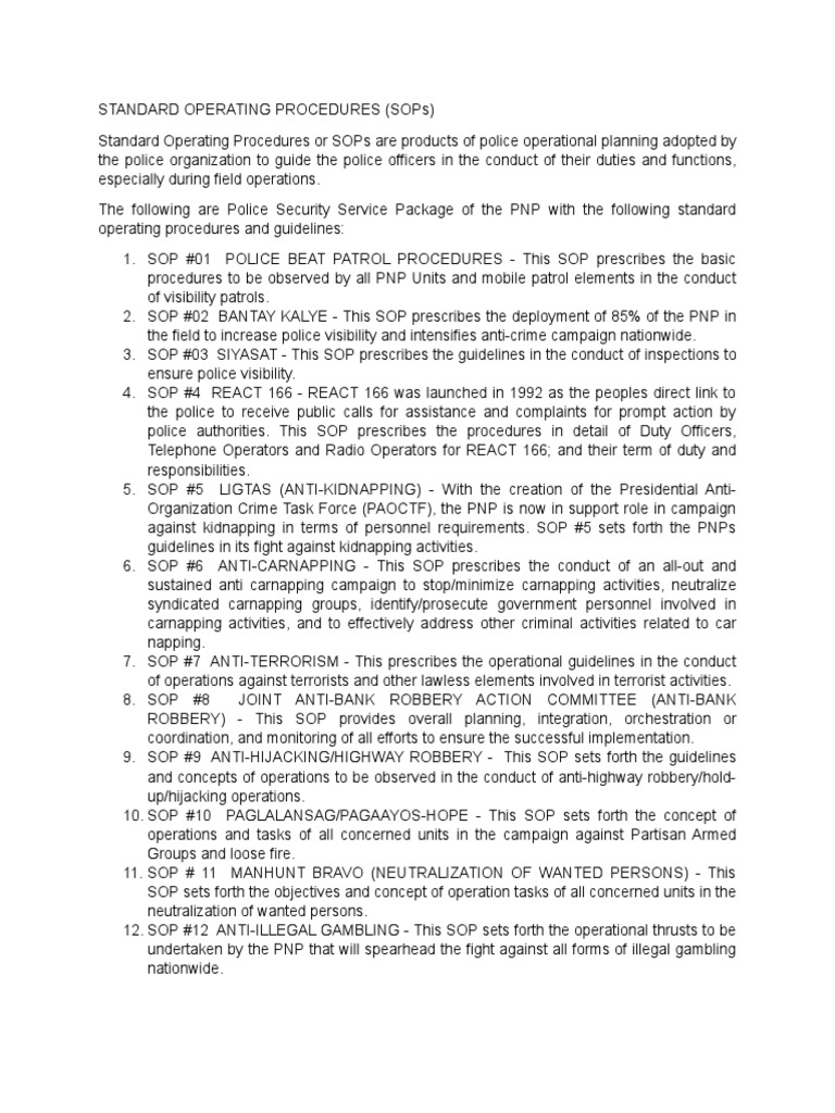 PNP Standard Operating Procedures Overview | PDF | Police | Search And ...
