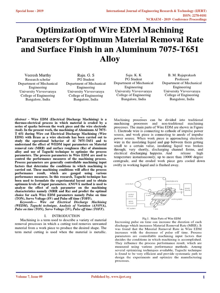 Optimization of Wire Edm Machining Parameters For Optimum Material ... Optimization of Wire Edm Machining Parameters For Optimum Material ...
