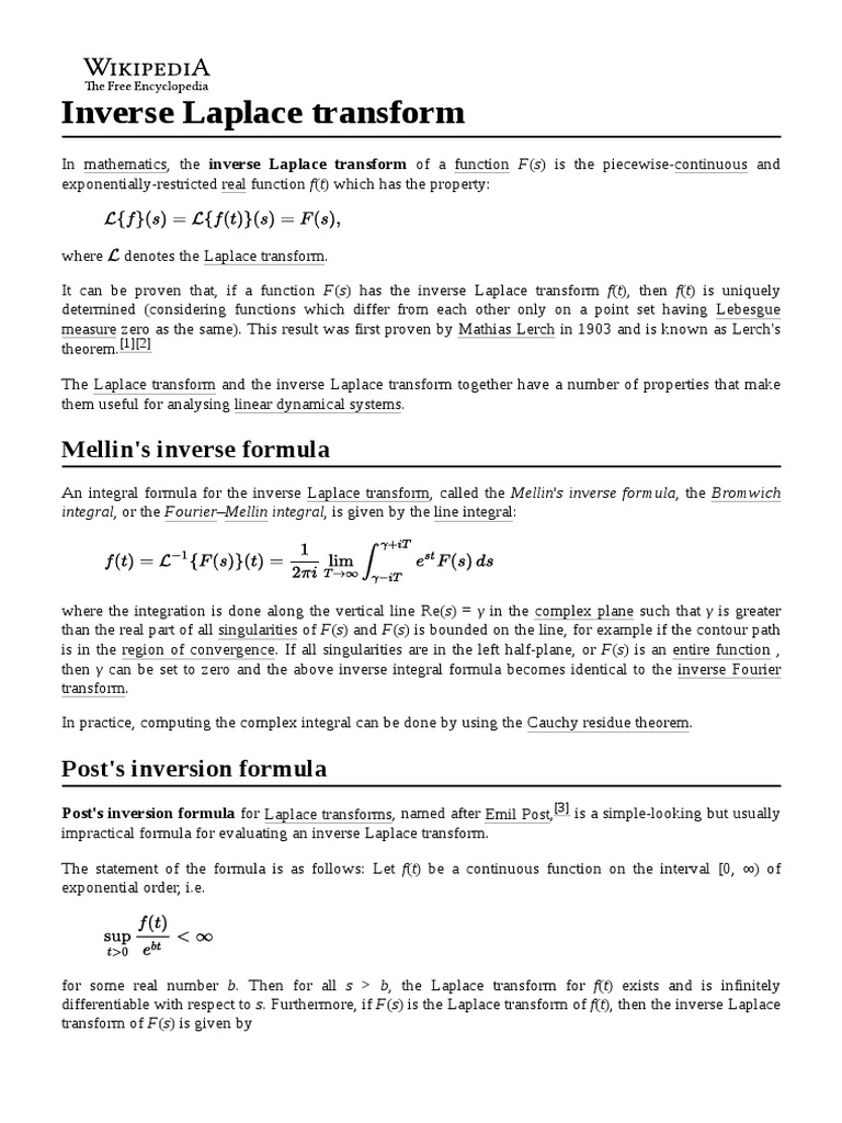 Inverse Laplace Transform Overview | PDF | Laplace Transform | Complex ...
