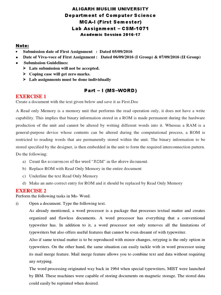 Exercise 1: Department of Computer Science MCA-I (First Semester) Lab Assignment - CSM-1071 | PDF