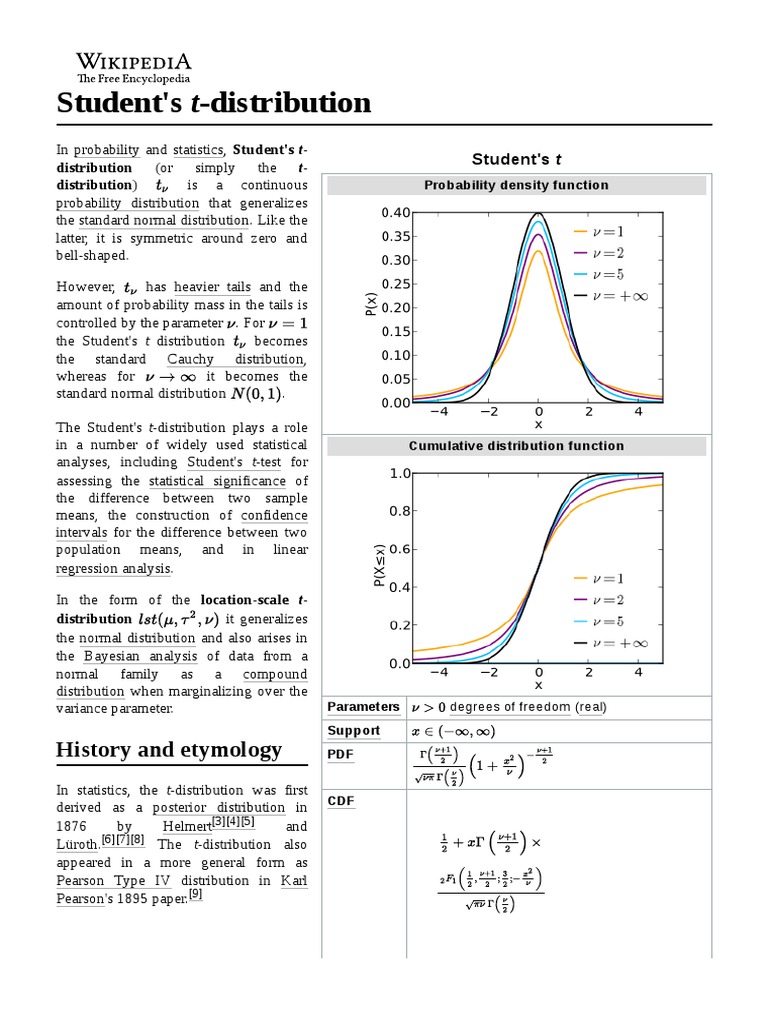 Student's T-Distribution | Download Free PDF | Normal Distribution | Probability Theory