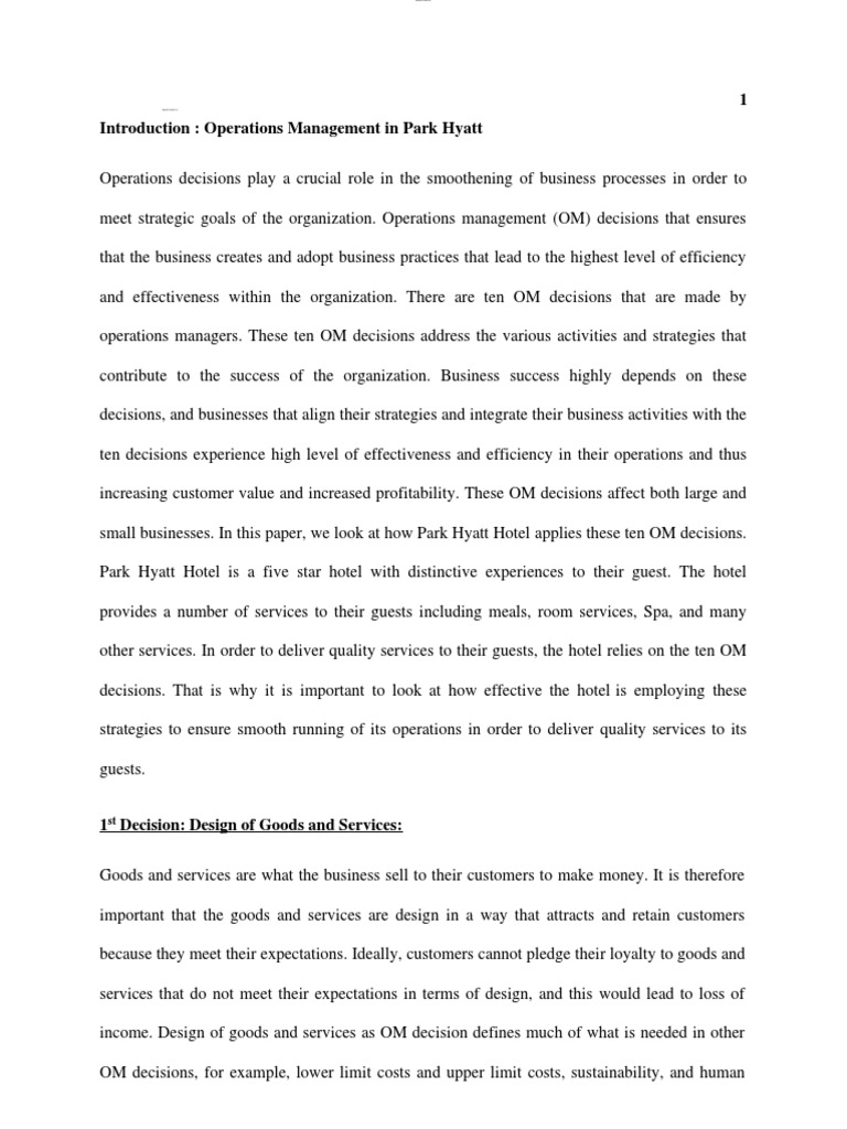 Case Study 1 - Operations Management at Park Hyatt | PDF