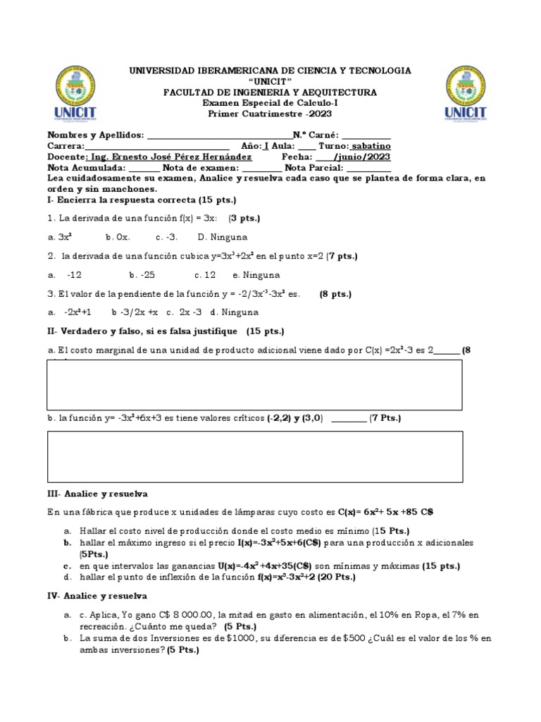 Examen Especial de Calculo-1 LAEE-sabatino | PDF