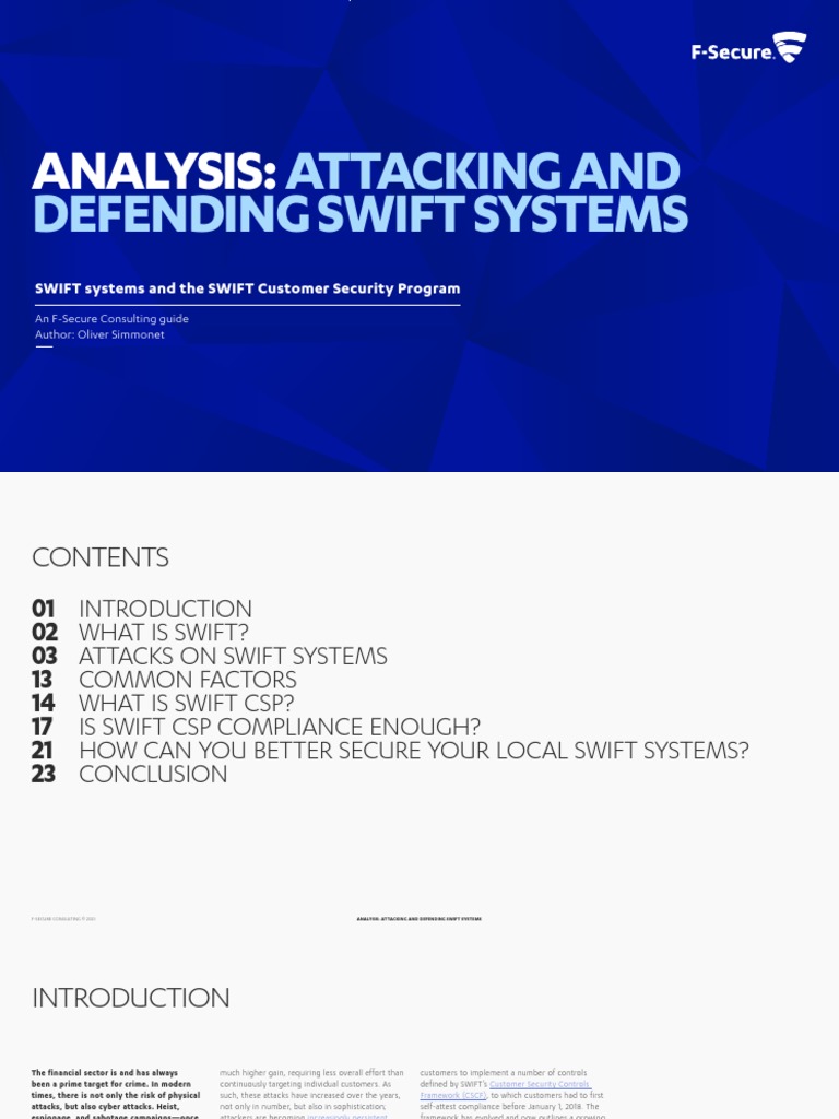 FSecure - Consulting - Analysis Attacking and Defending SWIFT Systems | PDF