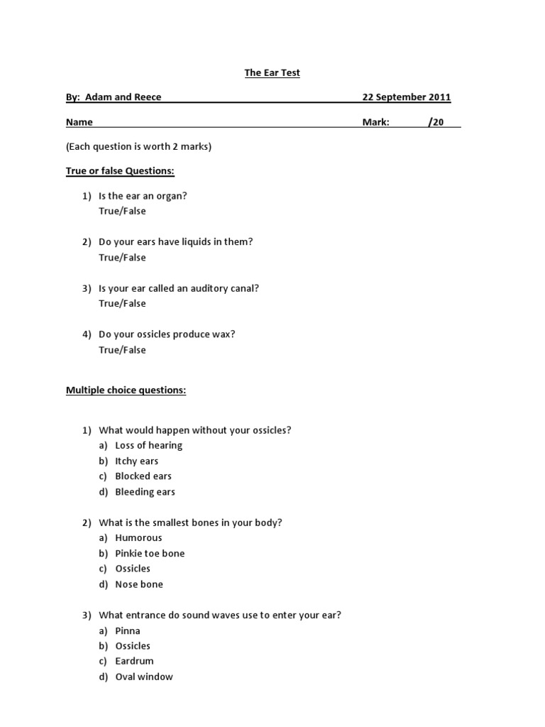 Ear Anatomy Quiz for Grade 2 | PDF