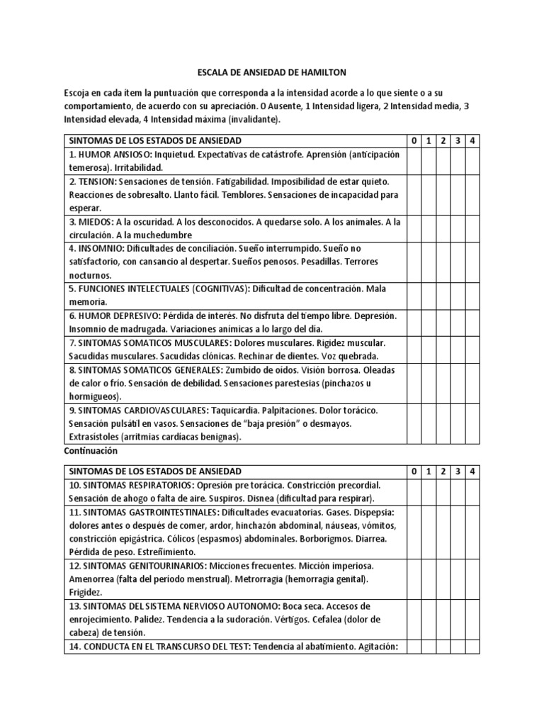 Escala de Ansiedad de Hamilton | PDF | Pesadilla | Especialidades Medicas