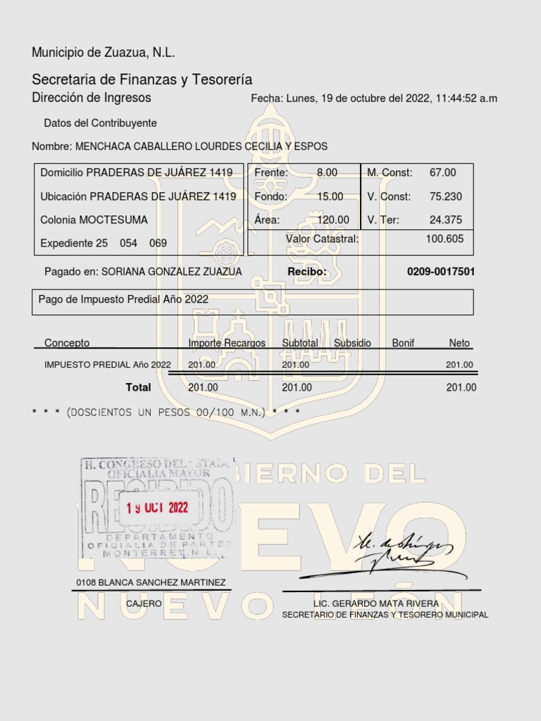 Ejemplo de Pago Predial Zuazua | PDF