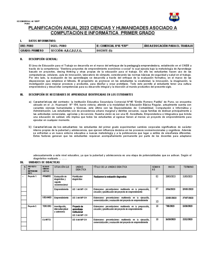 Planificación Anual EPT 1° CH 2023. | PDF | Evaluación | Iniciativa empresarial