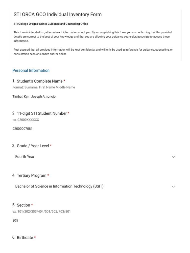 STI ORCA GCO Individual Inventory Form | PDF | Privacy