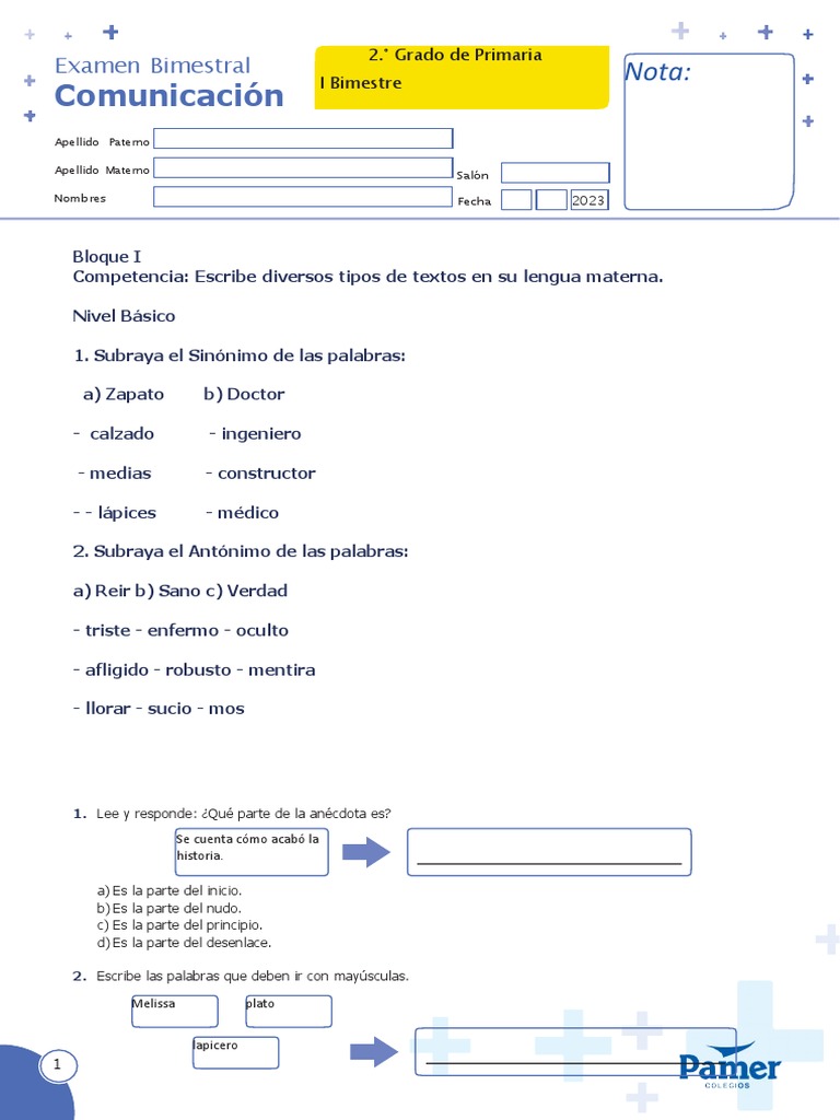 1. EXAMEN BIMESTRAL COMUNICACION UNIDAD 02 | PDF | Sustantivo | Plural